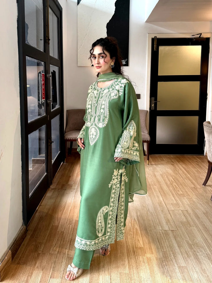 Aafreen Embroidered 3pc - Jade green - Lawn – Silai Karhai